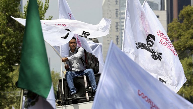 A man waves a flag during an anti-NAFTA protest in Mexico