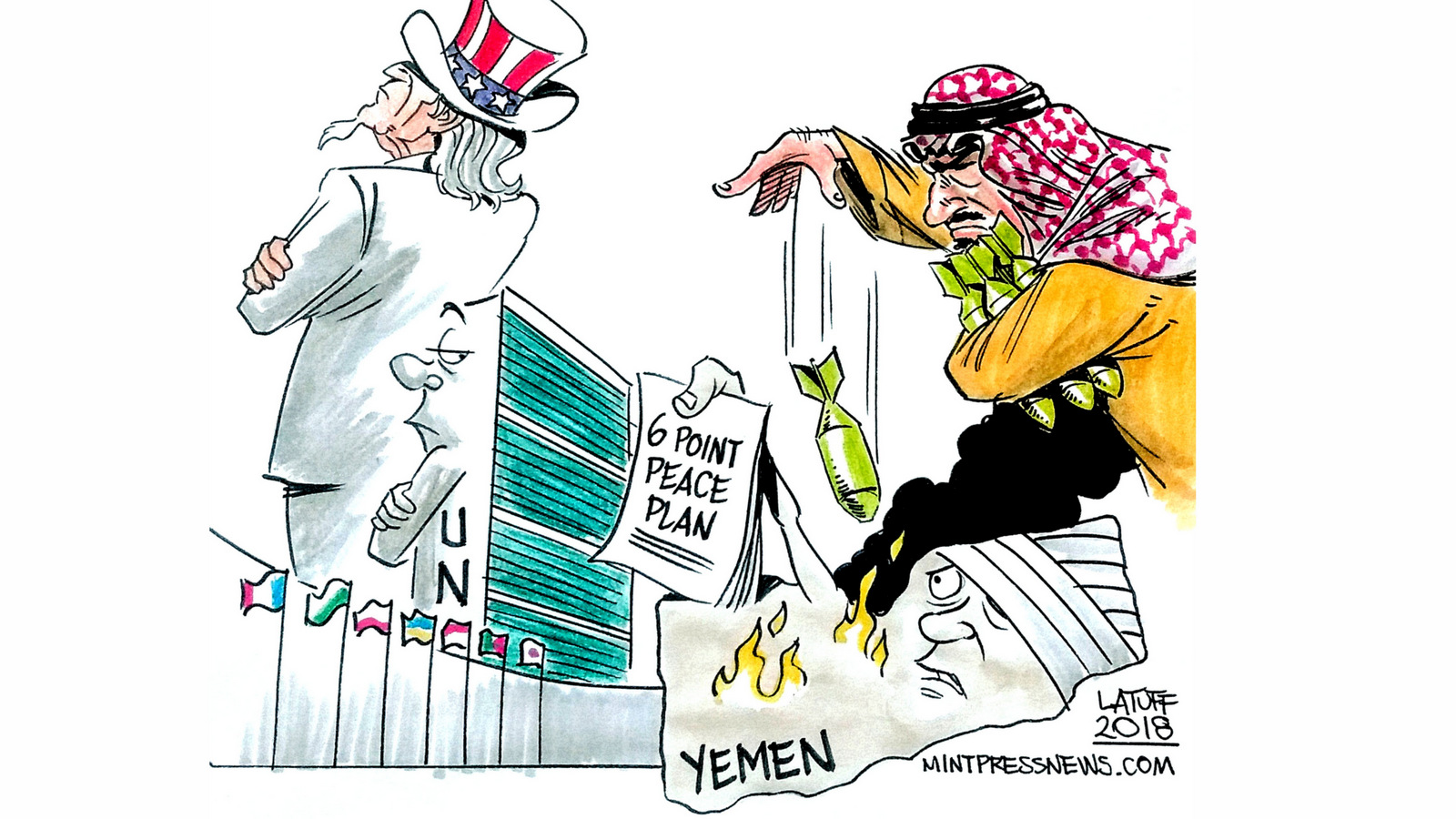 Yemen Peace Plan bombed by Saudi Arabia Editorial Cartoon Carlos Latuff