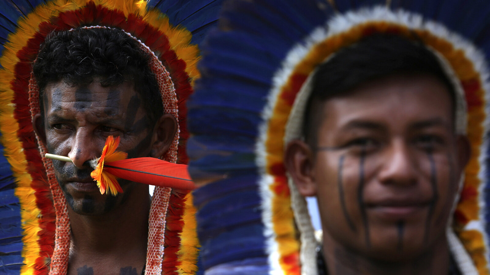 Manoki indigenous men at the opening ceremony of "Free Land" in Brazil